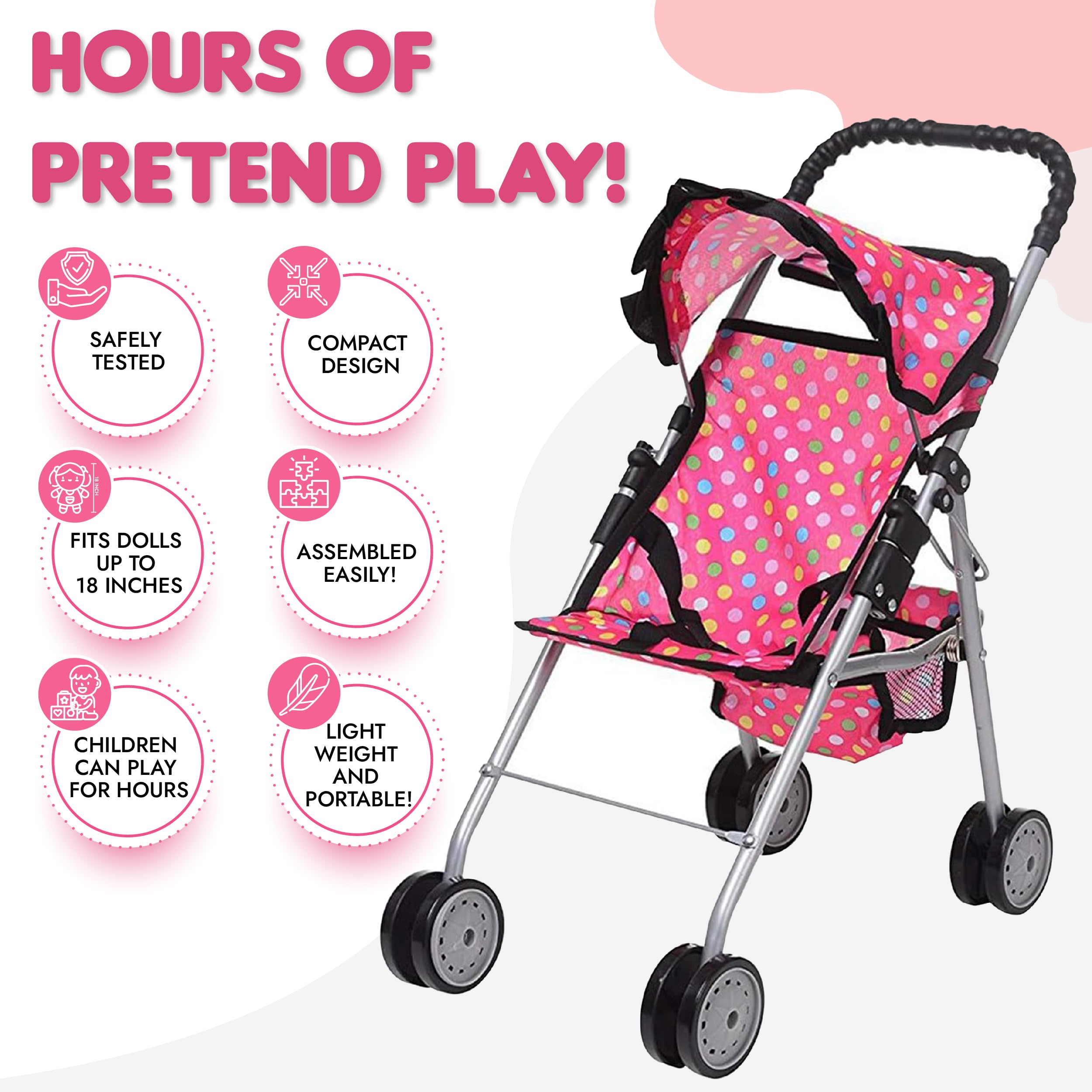 fash n kolor - My First Baby Doll Stroller - Pink Polka Dot Doll Stroller with Basket- Soft Grib Handle. Foldable with Hood Toy Doll Pram Baby Doll Accessories. With 2 Free Bonus Doll Bottles Included