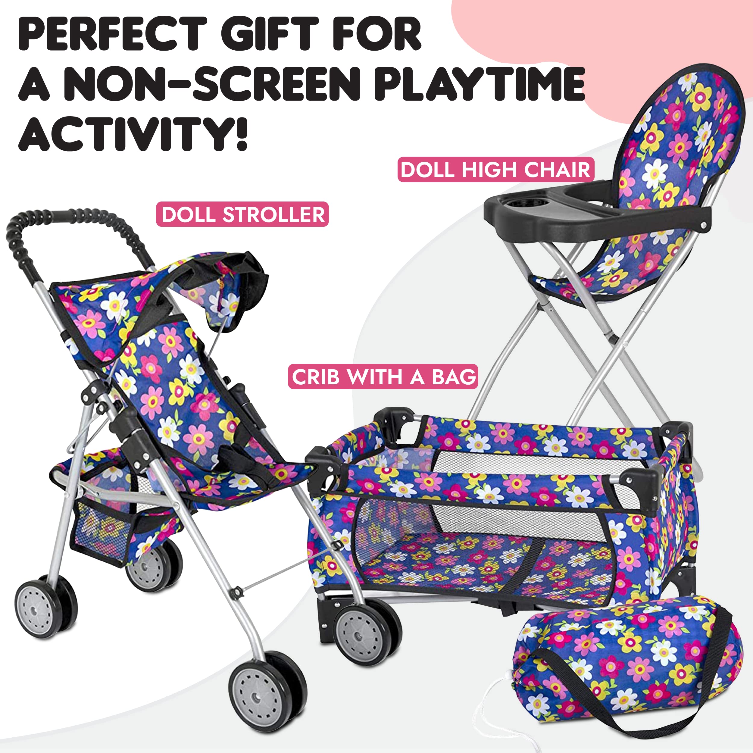 fash n kolor Doll 3 Piece Play Set Baby Doll Accessories - includes, 1 Pack N Play. 2 Doll Stroller. 3 Doll High Chair. Fits Up to 18'' Doll (Flower)