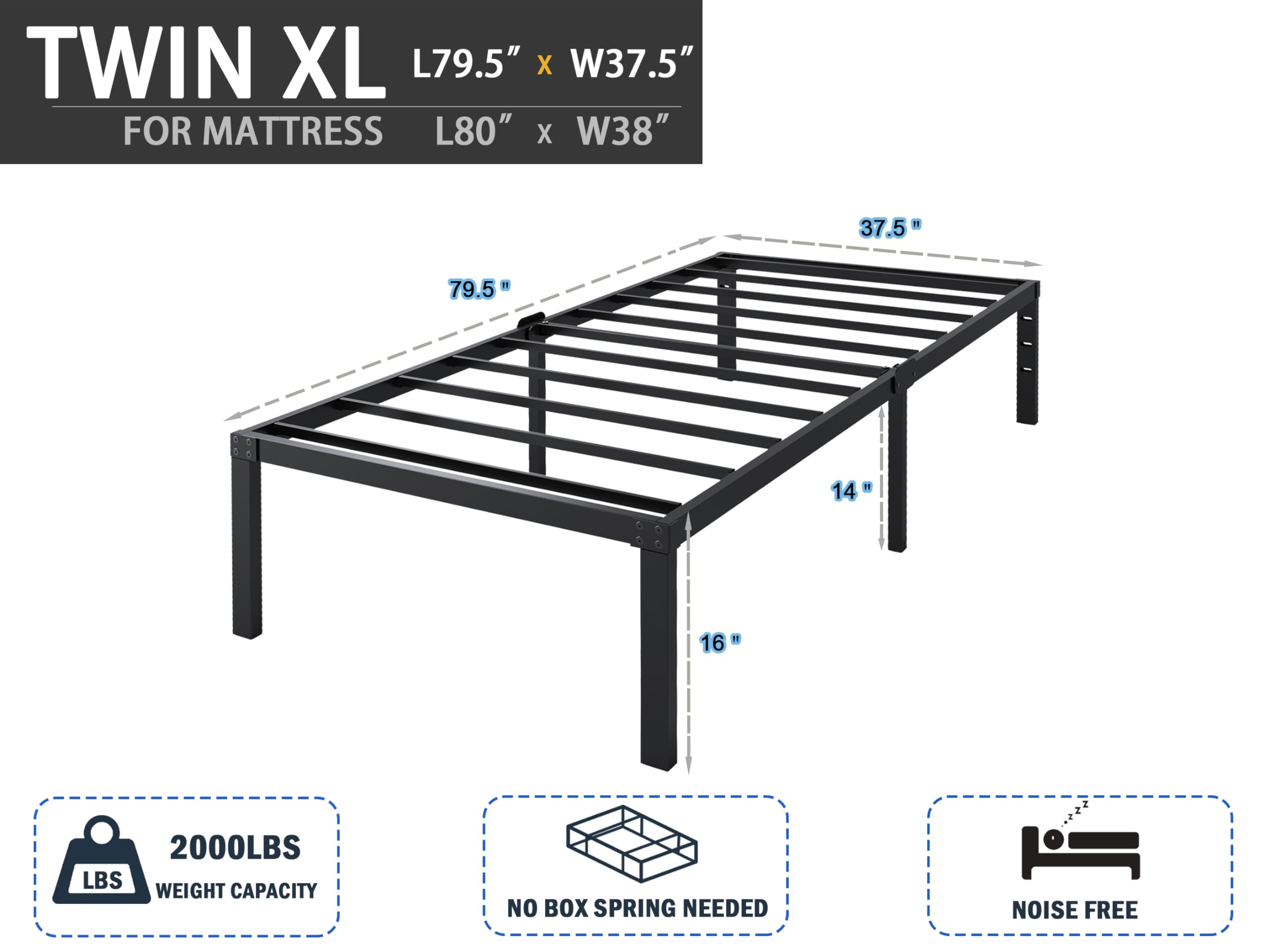 AROMUSTIME 16 Inch Standard Metal Platform Bed Frame / 3,000 lbs Heavy Duty Steel Slat Easy Assembly Mattress Foundation/Noise Free/Box Spring Replacement, King