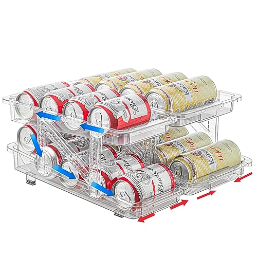 Attelite Upgrade Soda Can Organizer with Adjustable Width, Double-Layer Automatic Rolling Stackable Beverage Can Dispenser Rack for Standard Cans, Skinny Cans, And Tall Cans (Clear，set of 2)