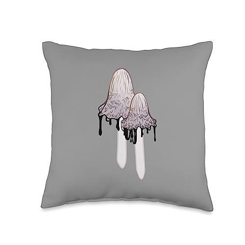 Goblincore Cottagecore Mushroom Foraging Inky Ink Cap Foraging Mushrooms Throw Pillow, 16x16, Multicolor
