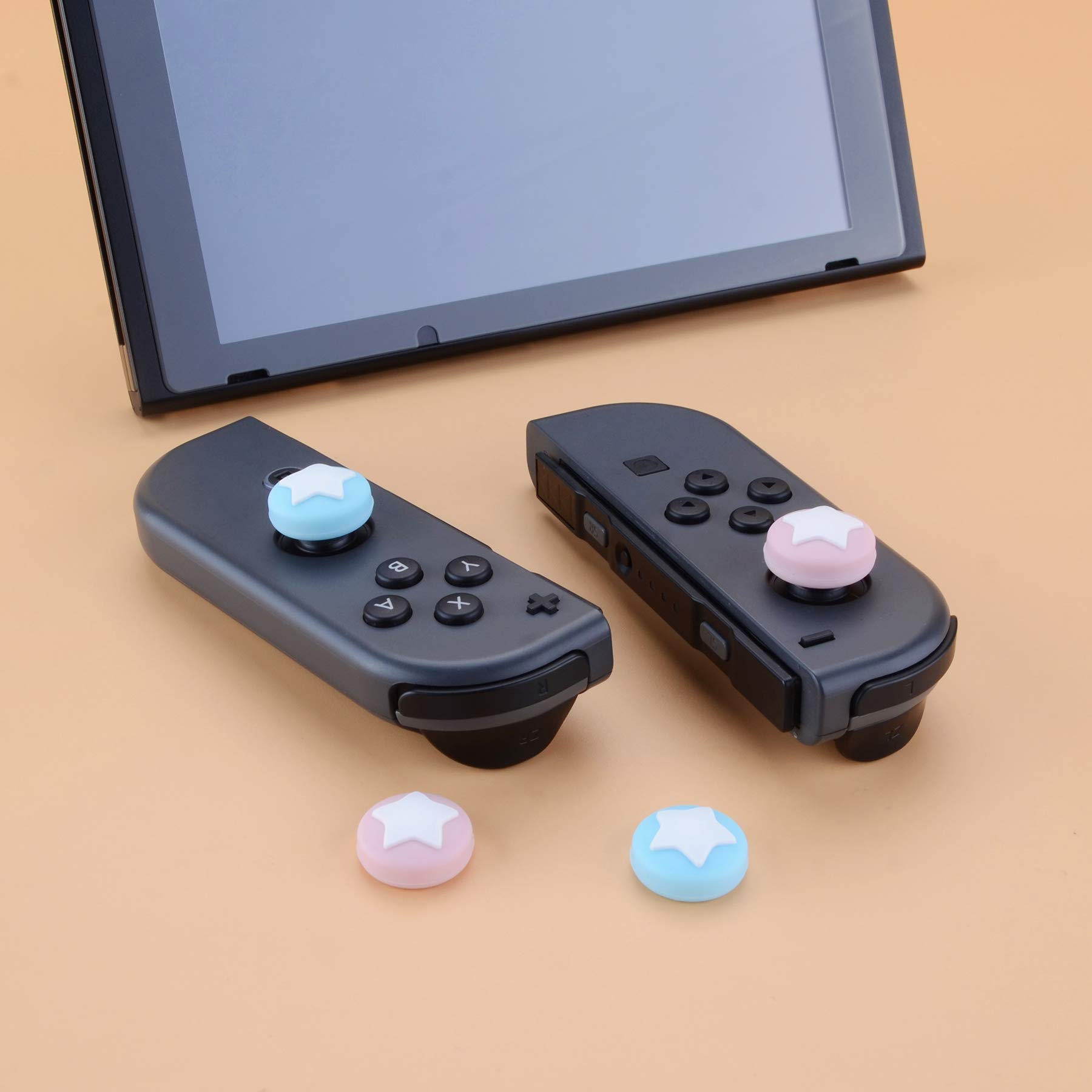 eXtremeRate PlayVital Star Design Cute Switch Thumb Grip Caps, Cherry Blossoms Pink & Heaven Blue Joystick Caps for Nintendo Switch Lite, Silicone Analog Cover Thumbstick Grips for Switch OLED Joycon