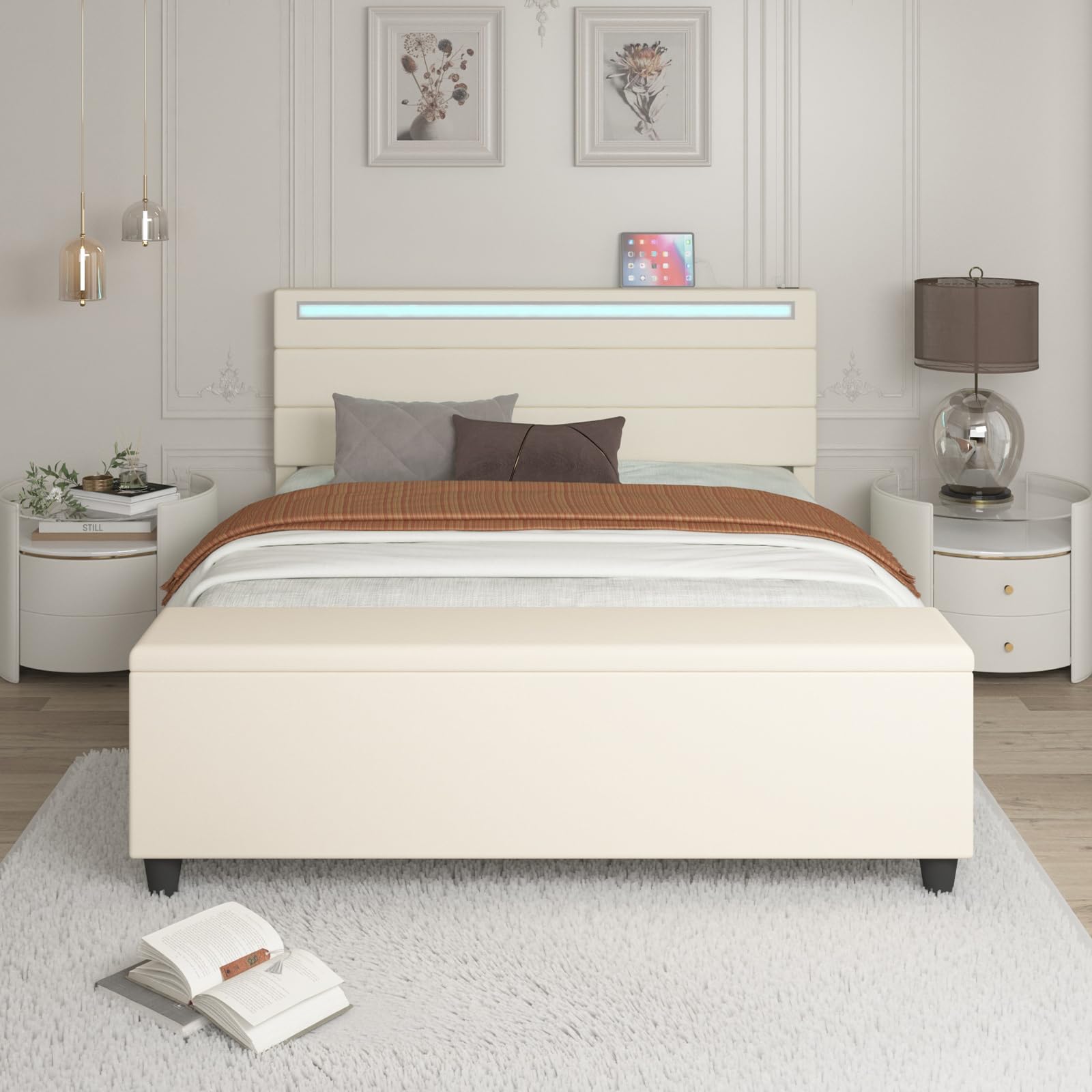 Benevika Upholstered Platform Queen Bed Frame with Large Storage, Modern Linen Fabric Headboard with LED Lights and Charging Station, Sturdy, Ottoman, No Box Spring Needed, Easy Assembly, Grey