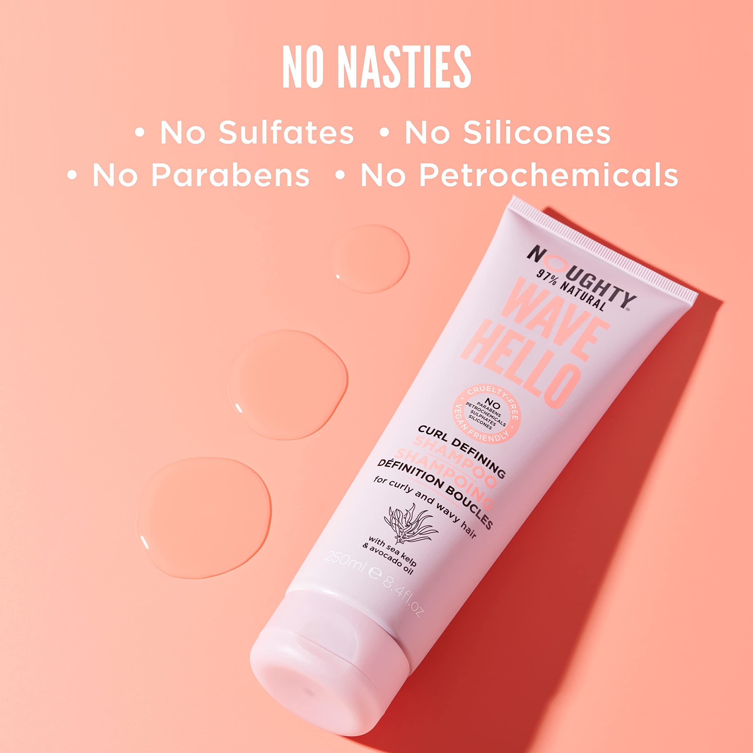 Noughty Wave Hello Curl Defining Shampoo - 97% Natural, Vitamin-Rich Formula for Curly and Wavy Hair, Sulphate-Free Vegan Haircare, 250ml
