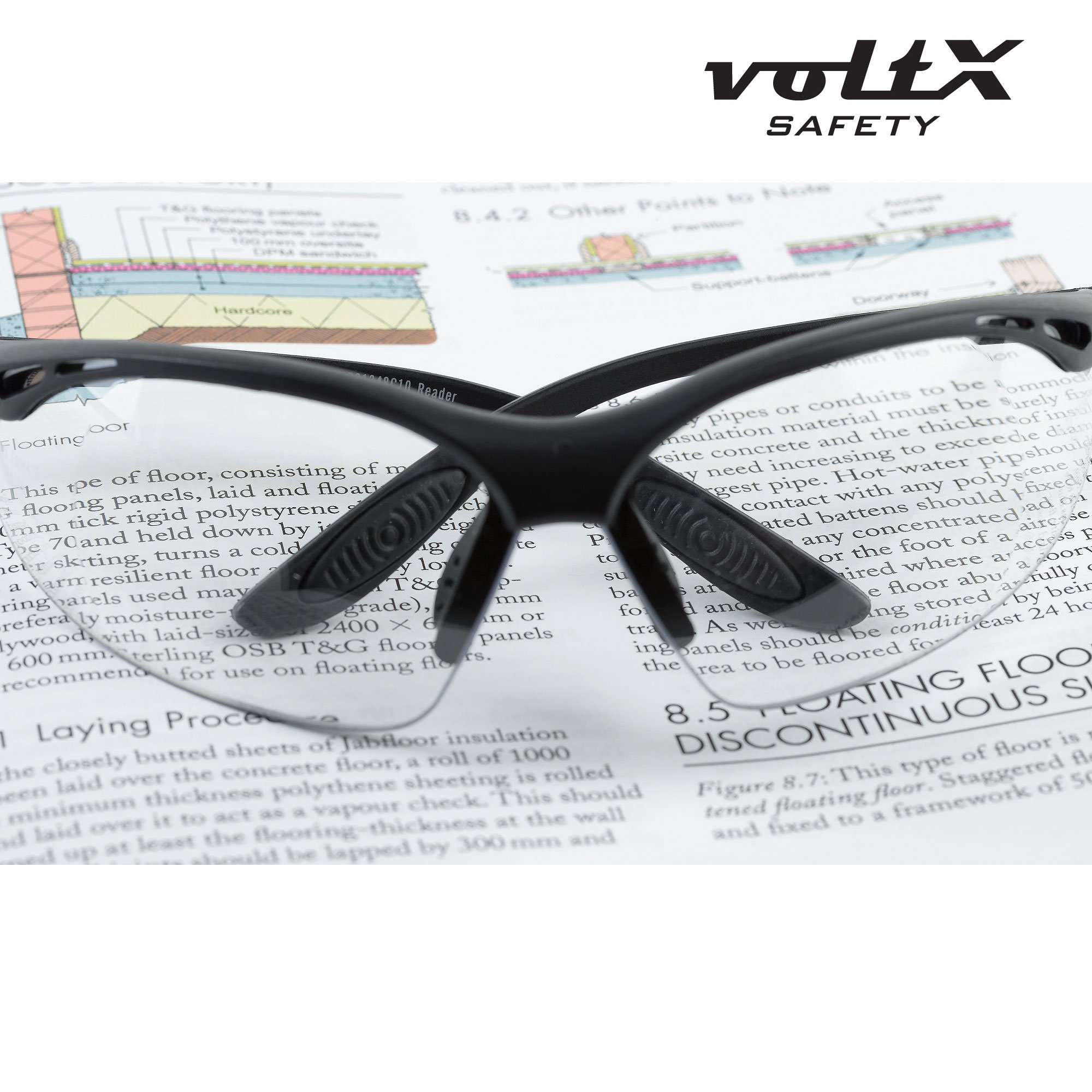 voltX 'Constructor' SAFETY READERS (CLEAR +2.0 Dioptre) Full Lens Reading Safety Glasses ANSI Z87.1+ & CE EN166F, Wraparound Style - Includes Safety Cord with headstop - UV400 anti fog coated lens