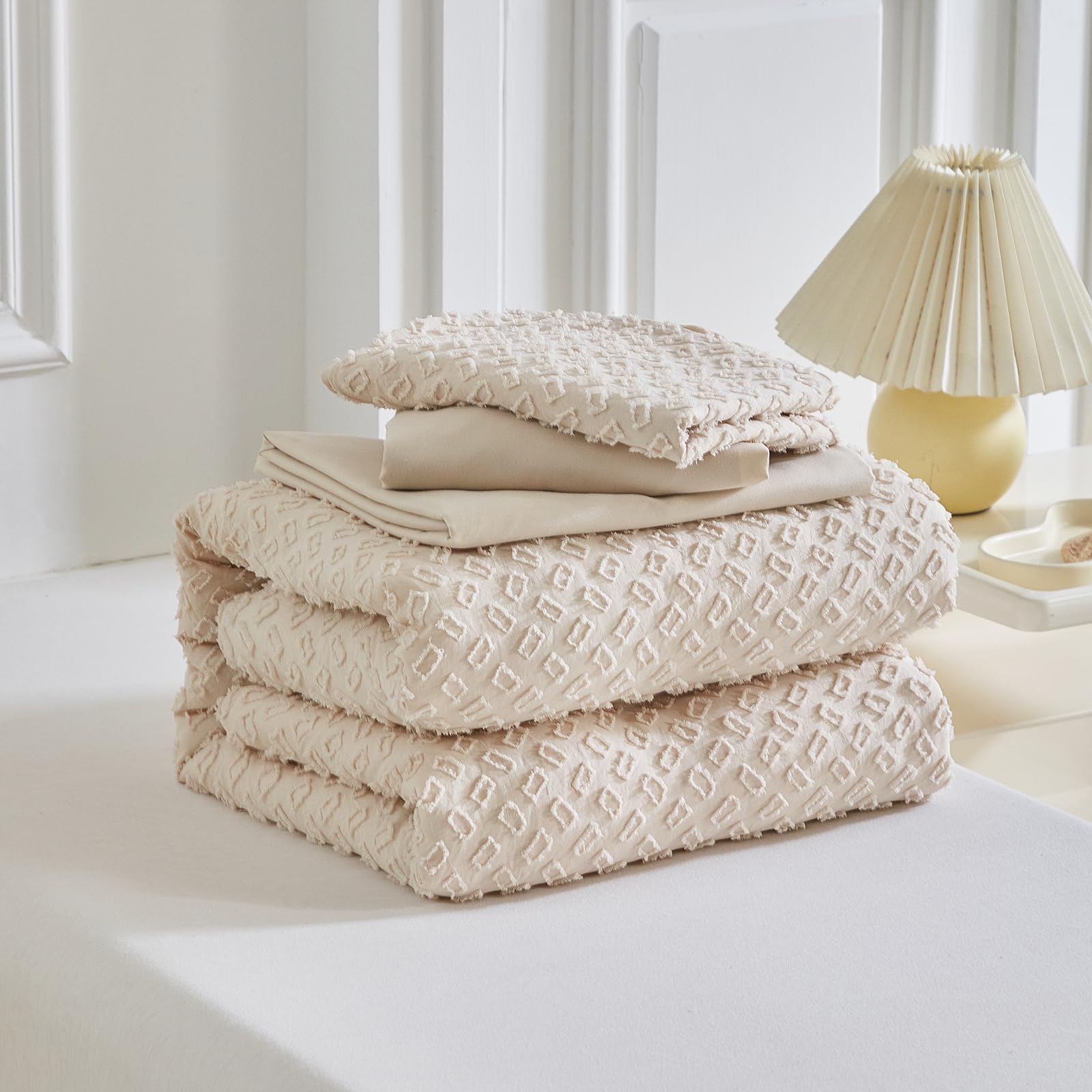 Cream Toddler Bedding Set 4 Pieces Tufted Boho Cubes Style - Includes Adorable Quilted Bohemian Comforter, Fitted Sheet, Top Sheet, and Pillow Case for Girls Boys Bed