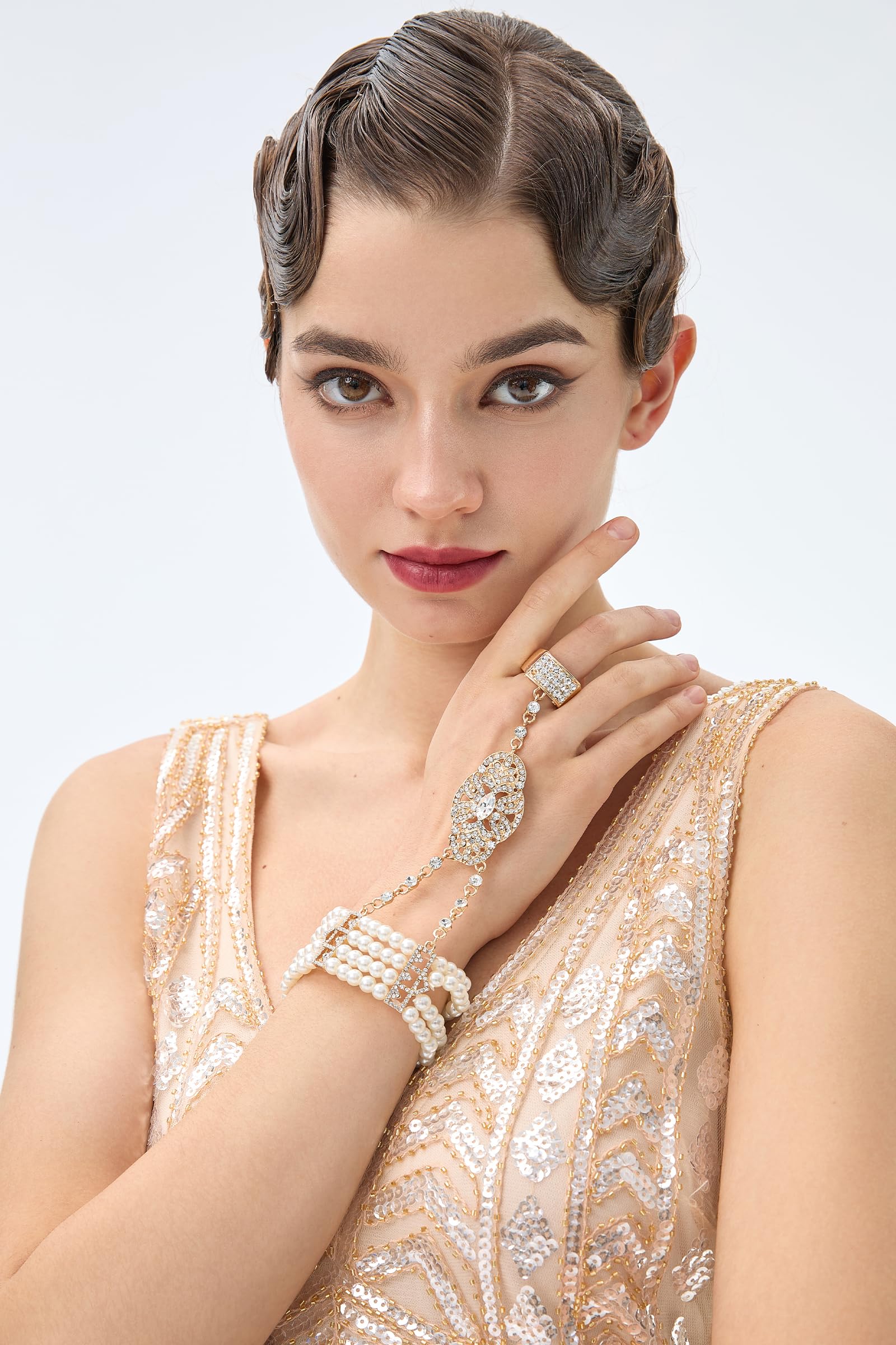 BABAYOND 1920s Flapper Bracelet Ring Set Roaring 20s The Great Gatsby Austrian Crystals Imitation Pearl Bracelet Accessory (Gold)