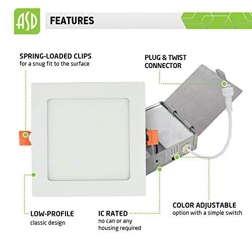 ASD Ultra Thin Square LED Recessed Lighting 6 Inch, 3000K-4000K-5000K Color Temperature Options, 12W 840Lm Dimmable LED Downlight, Canless LED Recessed Light, IC & Damp Rated,ETL,Energy Star (6-Pack)