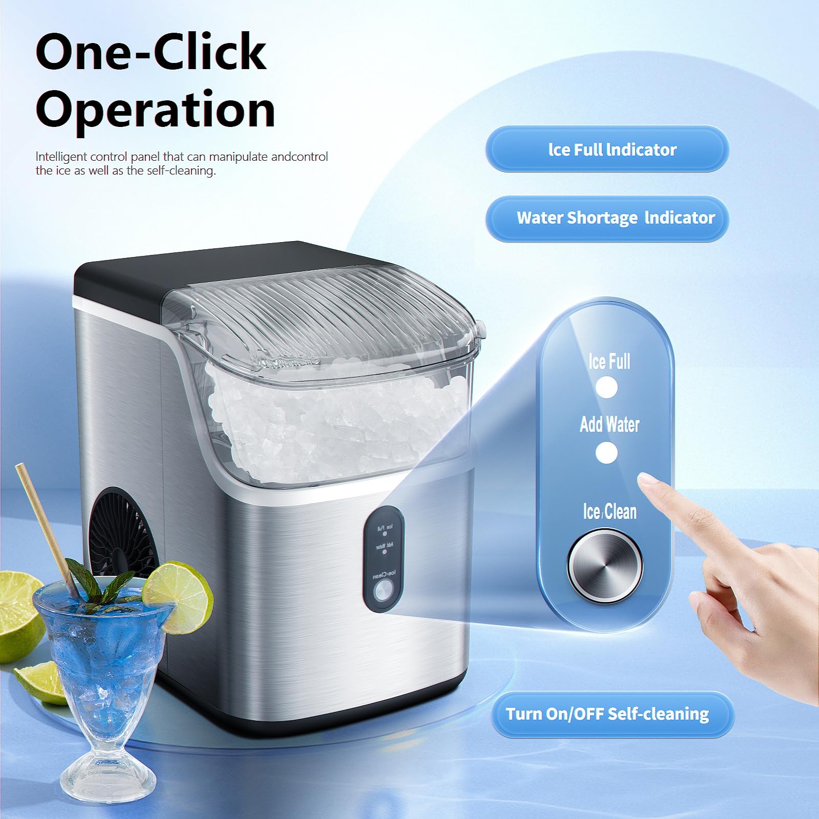 ZAFRO Nugget Ice Maker Countertop,One-Click Self-Cleaning Portable Ice Machine with Ice Scoop and Basket,Soft Chewable Ice in 7 Mins,35lbs/24H,for Home Kitchen Office Party,Stainless Steel Silver