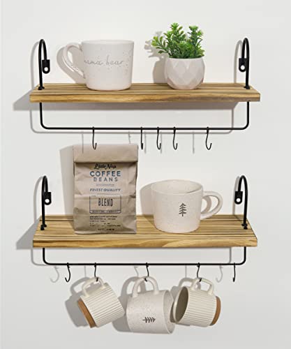 Godimerhea Floating Shelves with Hooks, Set of 2 Rustic Wall Mounted Wooden Decorative Storage Shelves with Towel Rack for Coffee Bar, Kitchen, Living Room(Brown)