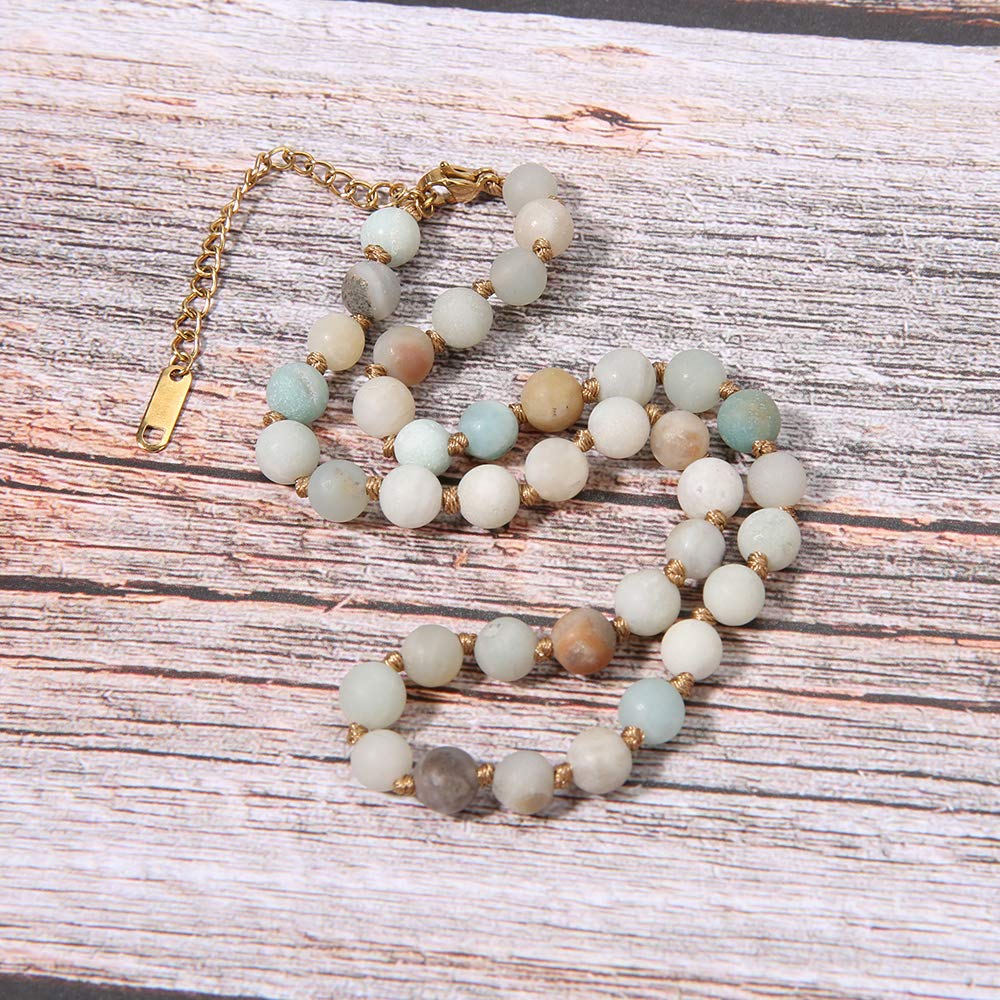BALIBALI Semi Precious Stone Beaded Choker Necklace 14K Gold Plated Natural Stone Double Strand Necklace Layered Short Necklaces