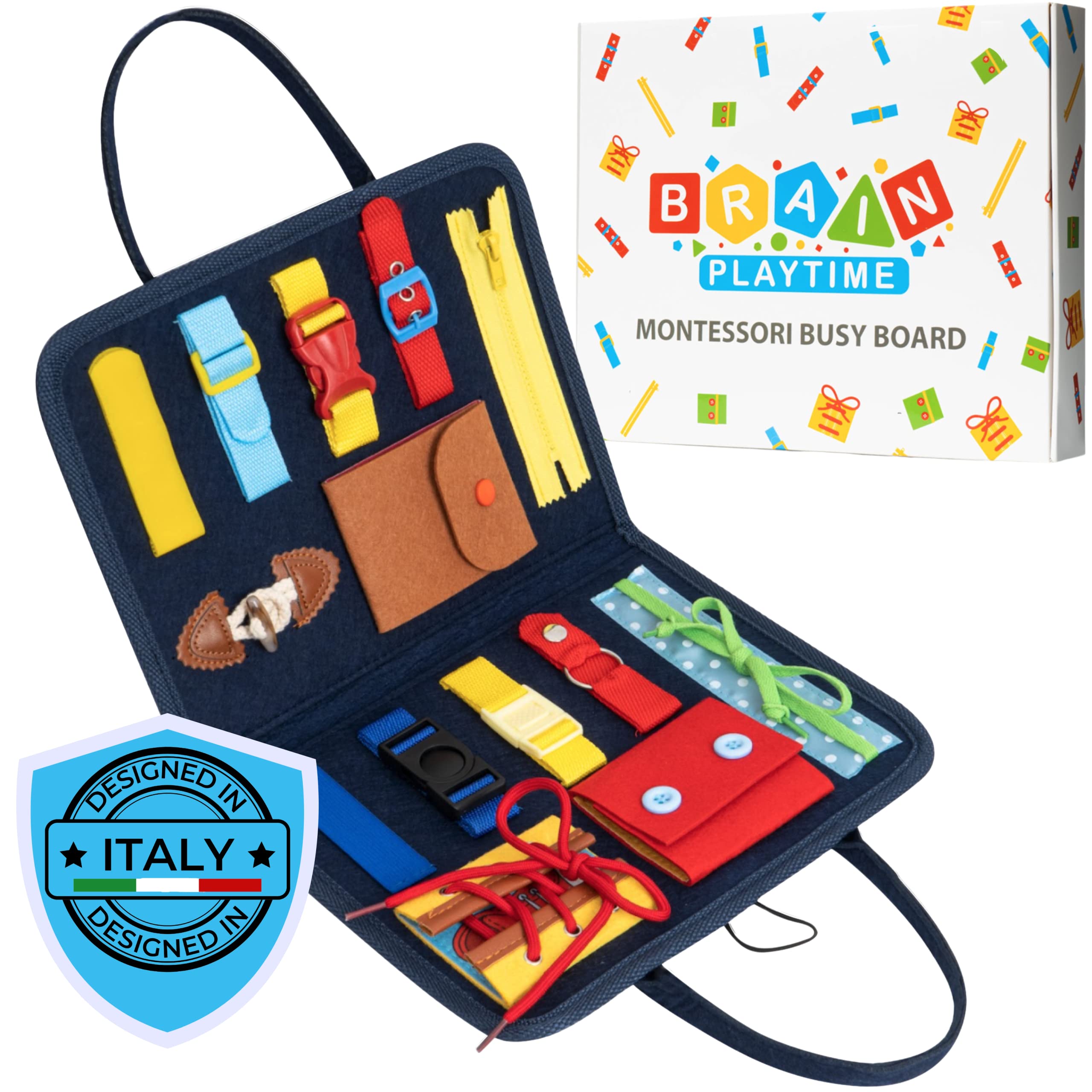 Toddler Busy Board - Montessori Sensory Toy for Autism and Fine Motor Skills - Preschool Learn to Dress Educational Activity Board - Foldable Plane Travel Toy for Girls and Boys Ages 3 4 5