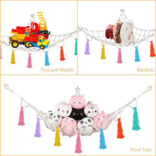 HONGTEYA Stuffed Animal Net or Hammock Large Plush Toy Net Hammock Holder for Corner Stuffed Animal Storage Ideas Hanging Plushie Toy Organizers Net with Boho Macrame Tassels 57inch