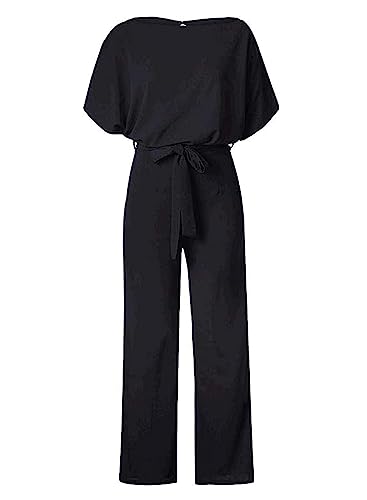 Happy Sailed Women Casual Loose Short Sleeve Belted Wide Leg Pant Romper Jumpsuits Medium Black