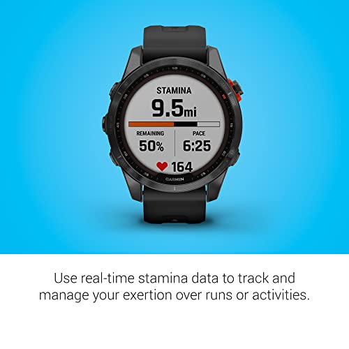 Garmin fenix 7S Solar, Smaller sized adventure smartwatch, with Solar Charging Capabilities, Rugged outdoor watch with GPS, touchscreen, health and wellness features, slate gray with black band