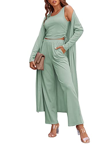 Ekouaer Women's 3 Piece Knit Lounge Set Sweatsuit Light Green