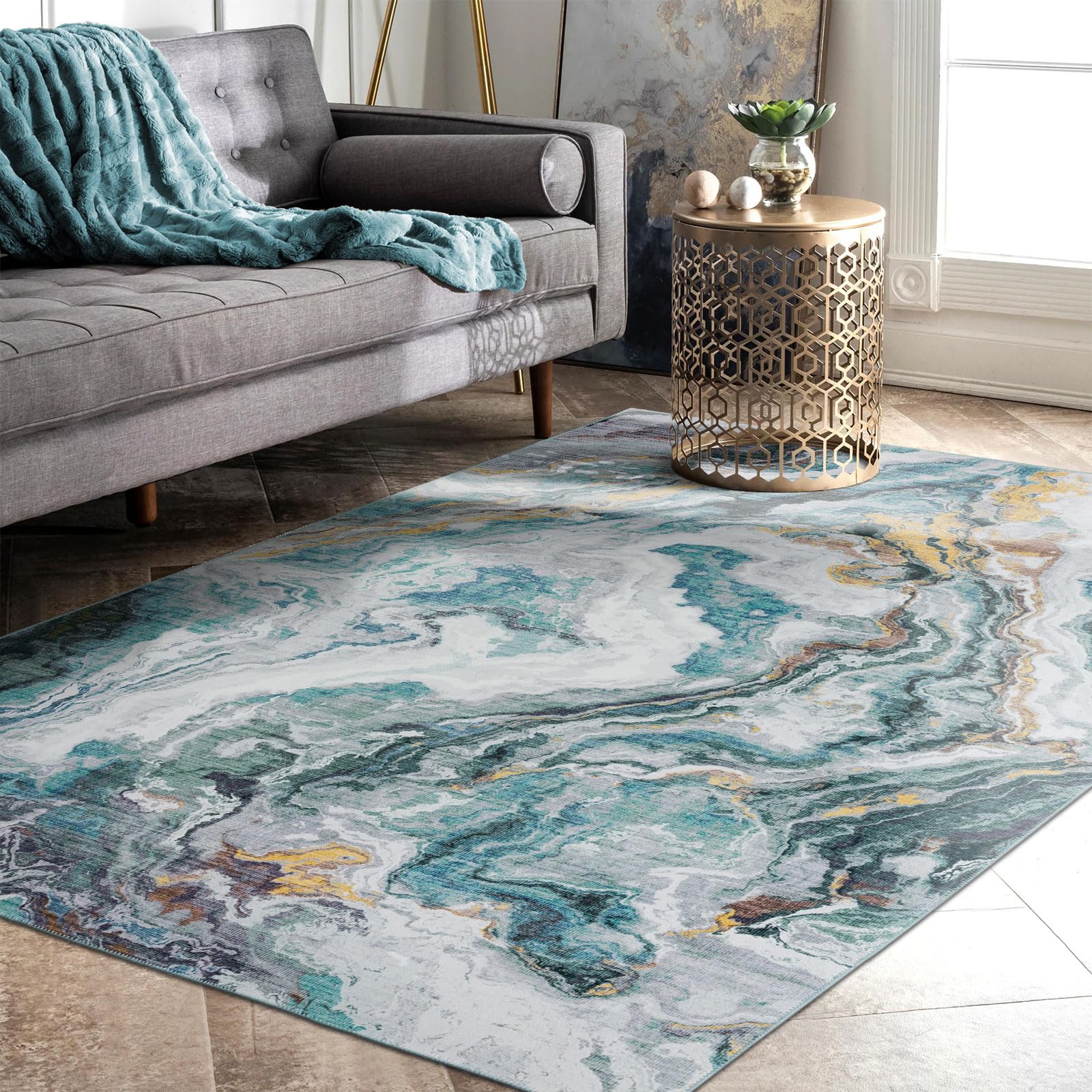 Fashriend Mountain Modern Area Rug, 4'x6' Abstract Colorful Rug, Non-Shedding Marble Accent Rug, Easy Care Aesthetic Carpet with Low Pile for Living Room, Bedroom, Dining Room, Office, Green