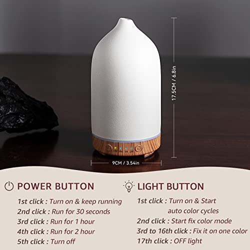 Gooamp 100ML Ceramic Diffuser,Aromatherapy Diffuser,Essential Oil Diffuser with 7 Color Lights Auto Shut Off for Home Office Room,Wood Grain Base (0.5/1/2/ON hrs Working time)