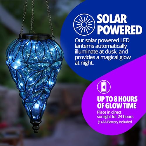 Exhart Outdoor Garden Solar Lights, Tear-Shaped Glass and Metal Hanging Lantern, 15 Firefly LED Lights, 7 x 24 Inch, Blue