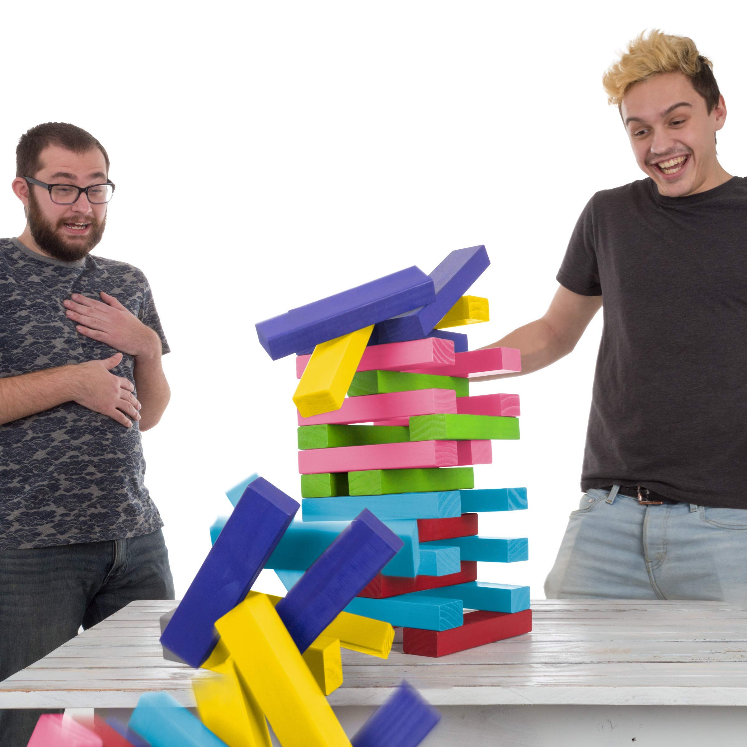 Hey! Play! Nontraditional Giant Wooden Blocks Tower Stacking Game with Dice, Outdoor Yard Game, for Adults, Kids, Boys and Girls (Rainbow Color)