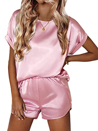 Ekouaer Women's Pajama Sets Casual Satin Pj Set 2 Piece Sleepwear Short Sleeve Silk Pajama(Navy Blue,Large)