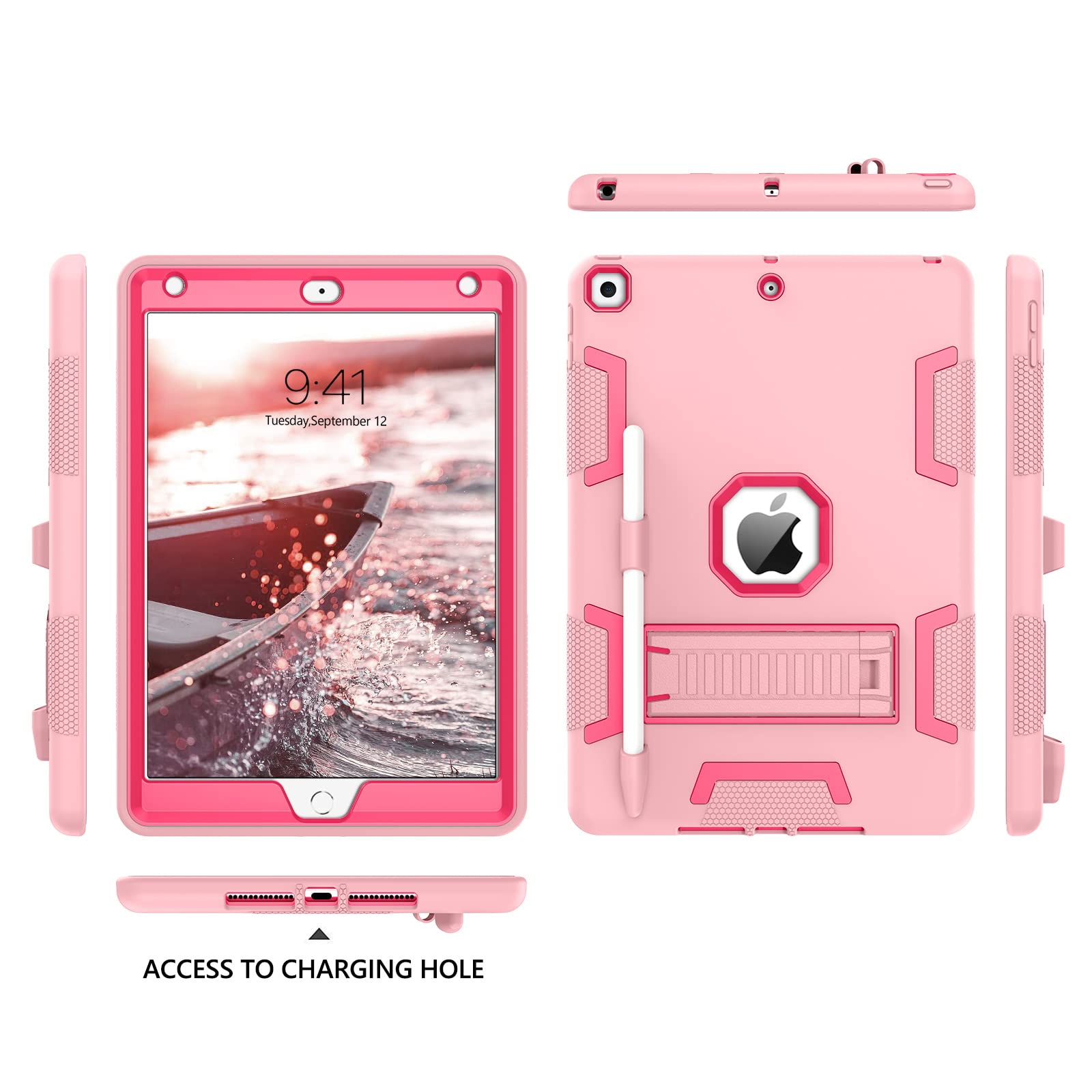 BENTOBEN for iPad 9th Generation Case, iPad 8th Generation Case, iPad 7th Gen Case, iPad 10.2 2021/2020/2019 Case, Heavy Duty 3 in 1 Rugged Shockproof Protective Stand Kids Covers, Pink/Red