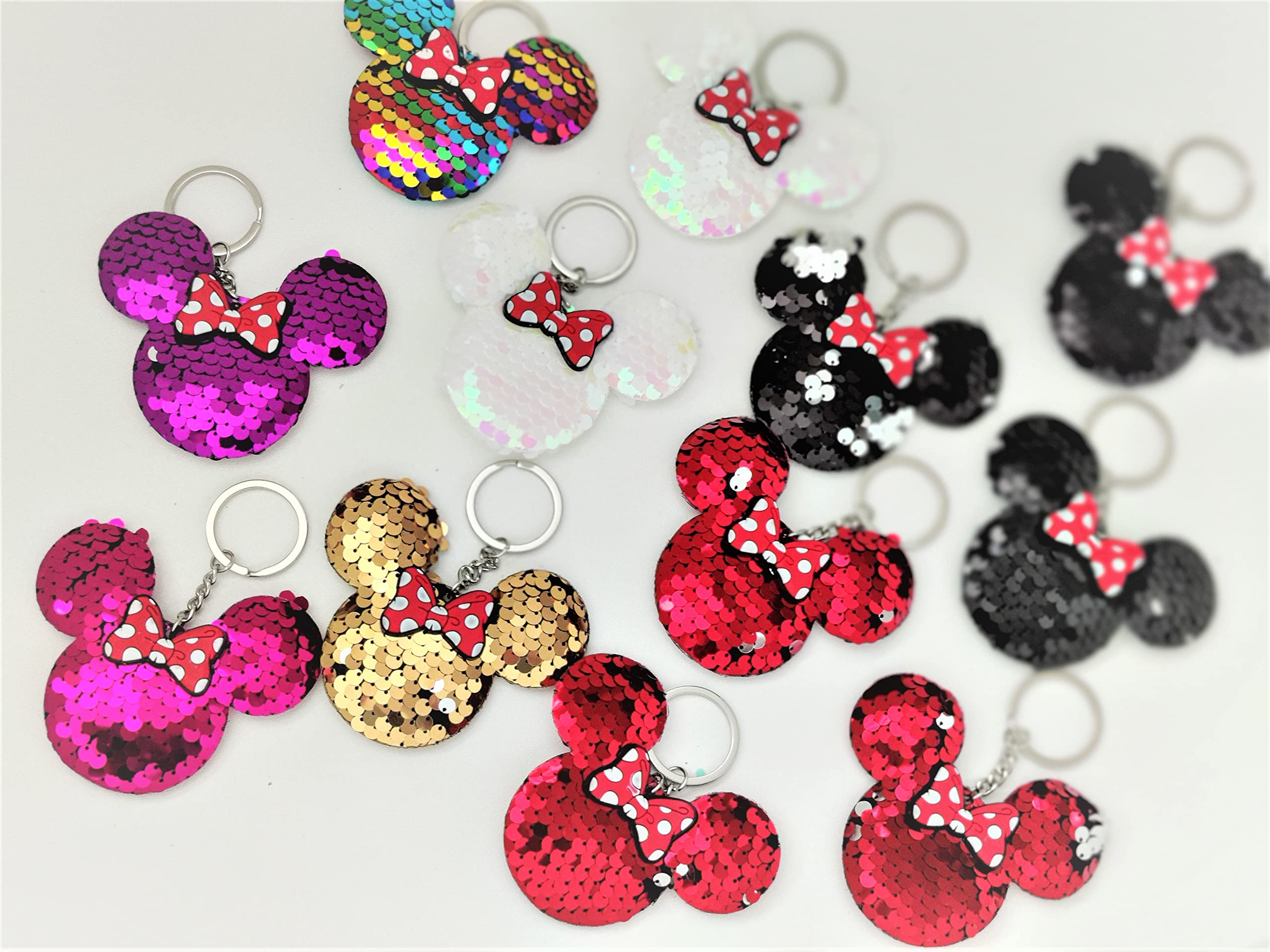 ITISMINE 12 pieces Sparkly BLINK Plush Reversible Sequin 3 inch Key Chain Appeal Backpack Bag Accessories (Minnie Shape), Red Pink Gold Silver Rainbow, 1 size fit all