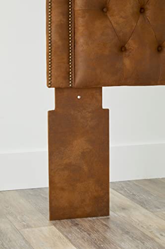 Design 59 D59 Distressed Vegan Leather Upholstered Tufted Button Queen Headboard with Brass Nailheads Queen/Full Size Headboard β Adjustable Height (Chestnut Vegan Leather)