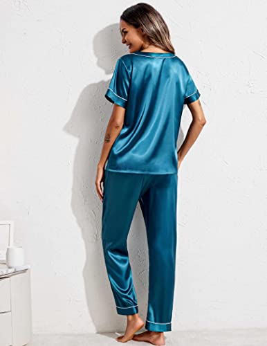Ekouaer Women's Satin Silky Pajama Set Short Sleeve T Shirt with Long Pant Pj Set Two Piece Pj Loungewear Blue