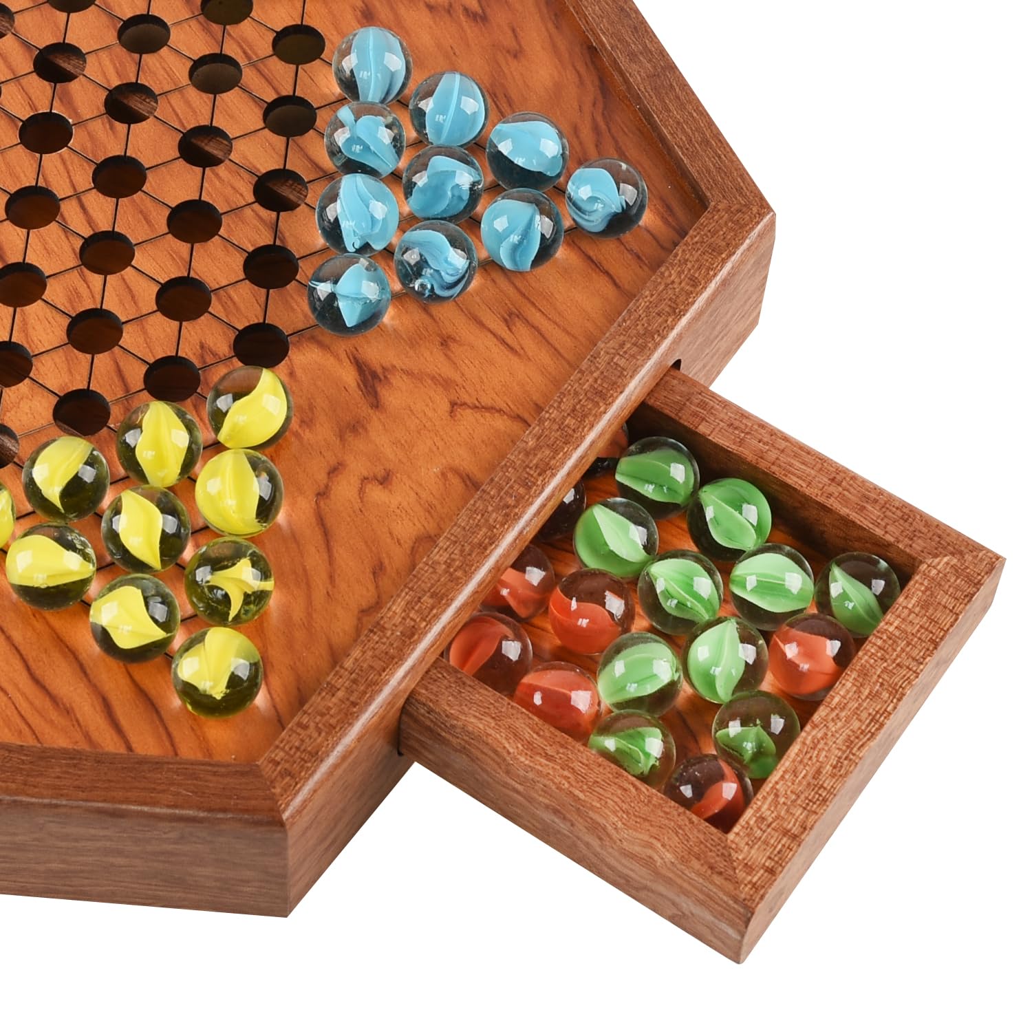 Upgraded Wooden Chinese Checkers with Drawers 12.7 Inches Wooden Board Game Includes 72 Colorful Glass Marbles Easy Grasping for Adults and Kids