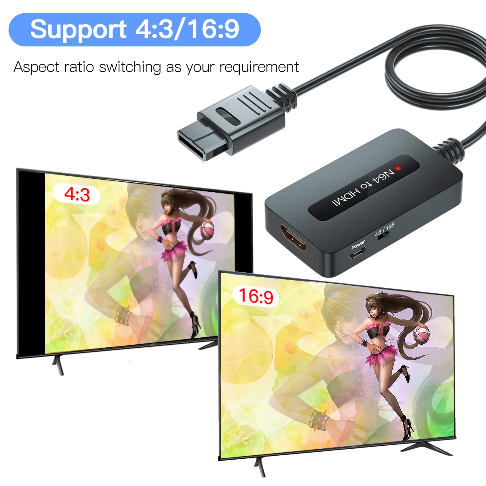 Kirolle N64 to HDMI Cable Converter Supports 4 : 3 and 16 : 9 HDMI Output Switch, HDMI Cable for N64, Nintendo64 to HDMI Converter Compatible with Nintendo 64/ Super SNES/NGC