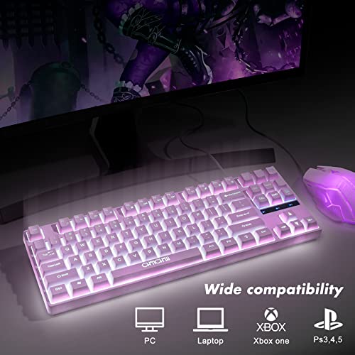 Gaming Keyboard and Mouse Purple Keyboard with White Backlit,CHONCNHOW 87keys LED Keyboard and Mic 3600DPI Wired 19-Keys No Conflict for Windows/Mac/Games(PurpleI,lluminated Key)