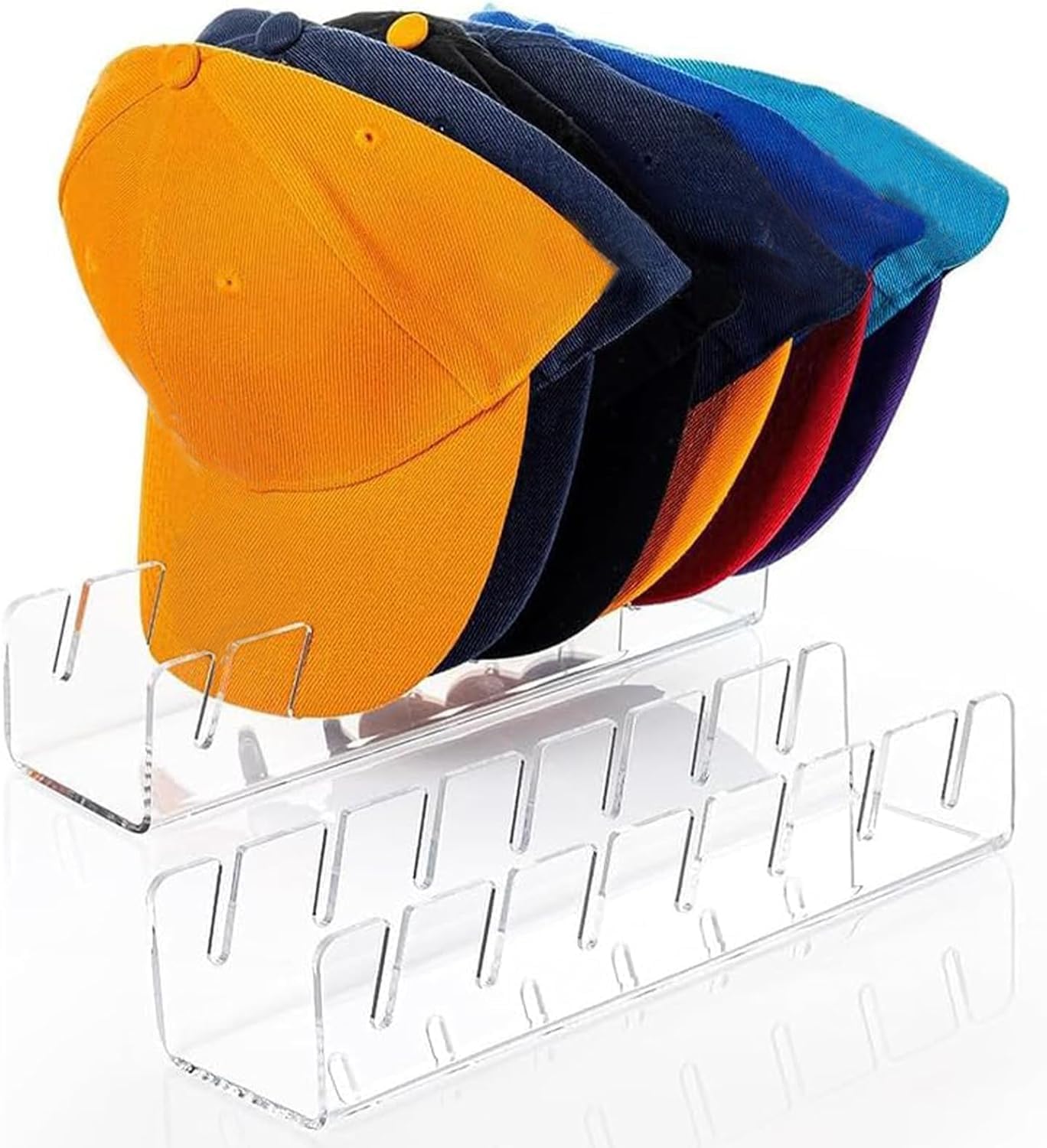 QKEWURO 2024 New Hat Stand for Baseball Caps Display and Organizer , No Install Acrylic Hat Holder for 14 Baseball Caps for Bedroom, Closet, Dresser (2PCS)