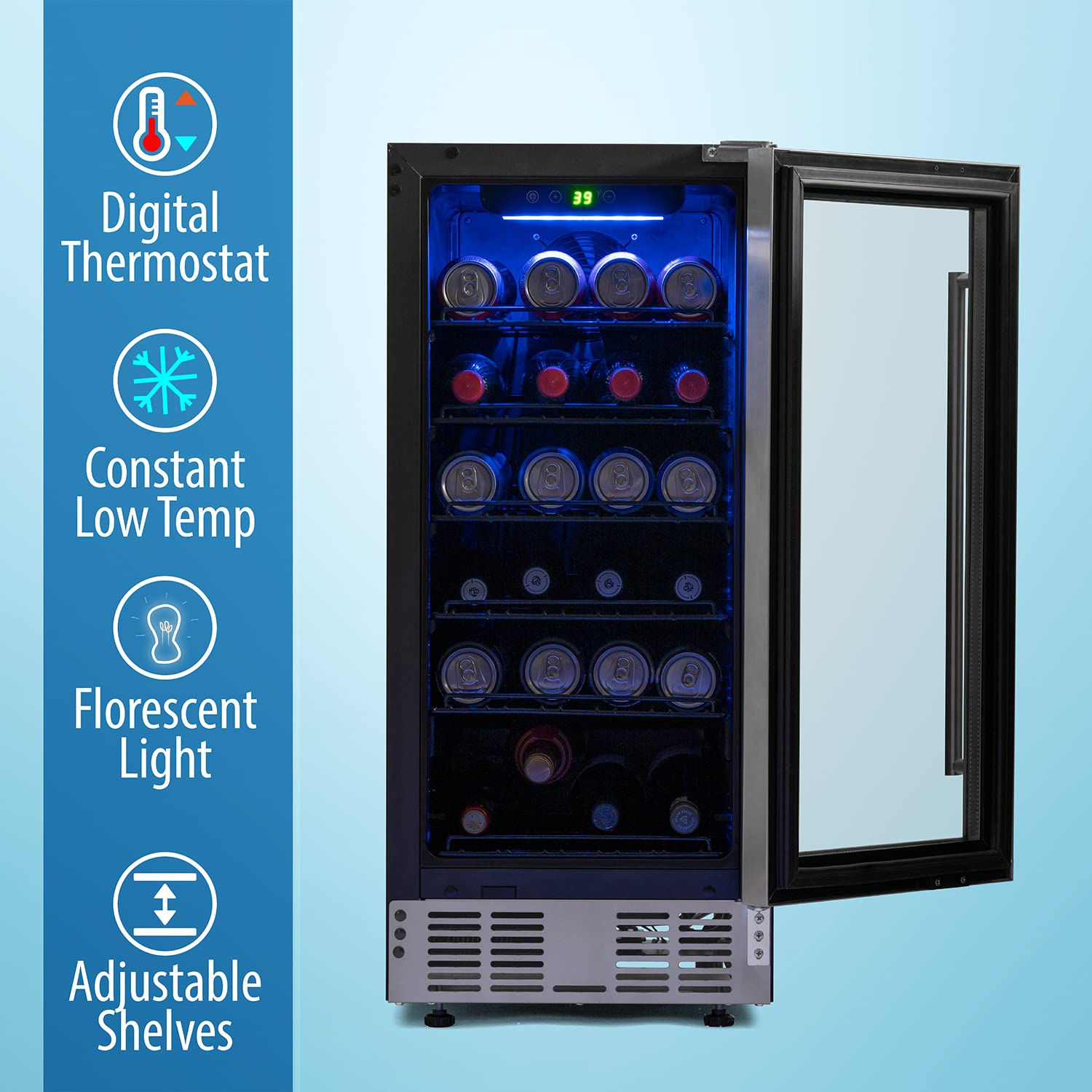 Deco Chef 15-Inch Under Counter Beverage Cooler for Beer, Wine, Sodas, 115 Can Capacity, Digital Touch Temperature Control, Even Forced Air Cooling, 5 Shelves, Large Display Window, Built-In Lighting