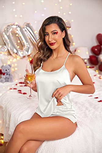 Ekouaer Womens Pajama Sets Lingerie Satin Sleepwear Cami Shorts Set 2 Piece Silk Pjs Nightwear Gift White