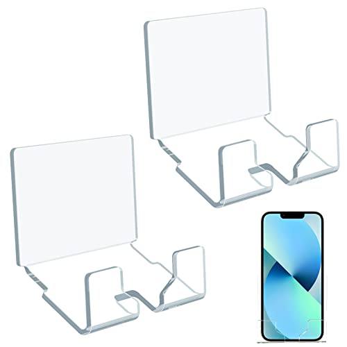 Kamehame 2 Pack Wall Mount Phone Holder Adhesive Cell Phone Charging Stand Smartphone Storage Organizer Bracket for Home Office Compatible with All Phone, Silky White & Clear