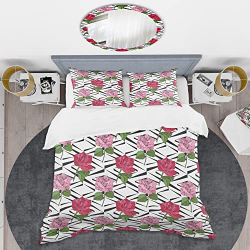 DESIGN ART Designart 'Retro Pink and Red Roses' Mid-Century Duvet Cover Set Twin Cover + 1 sham (Comforter not Included) 2 Piece