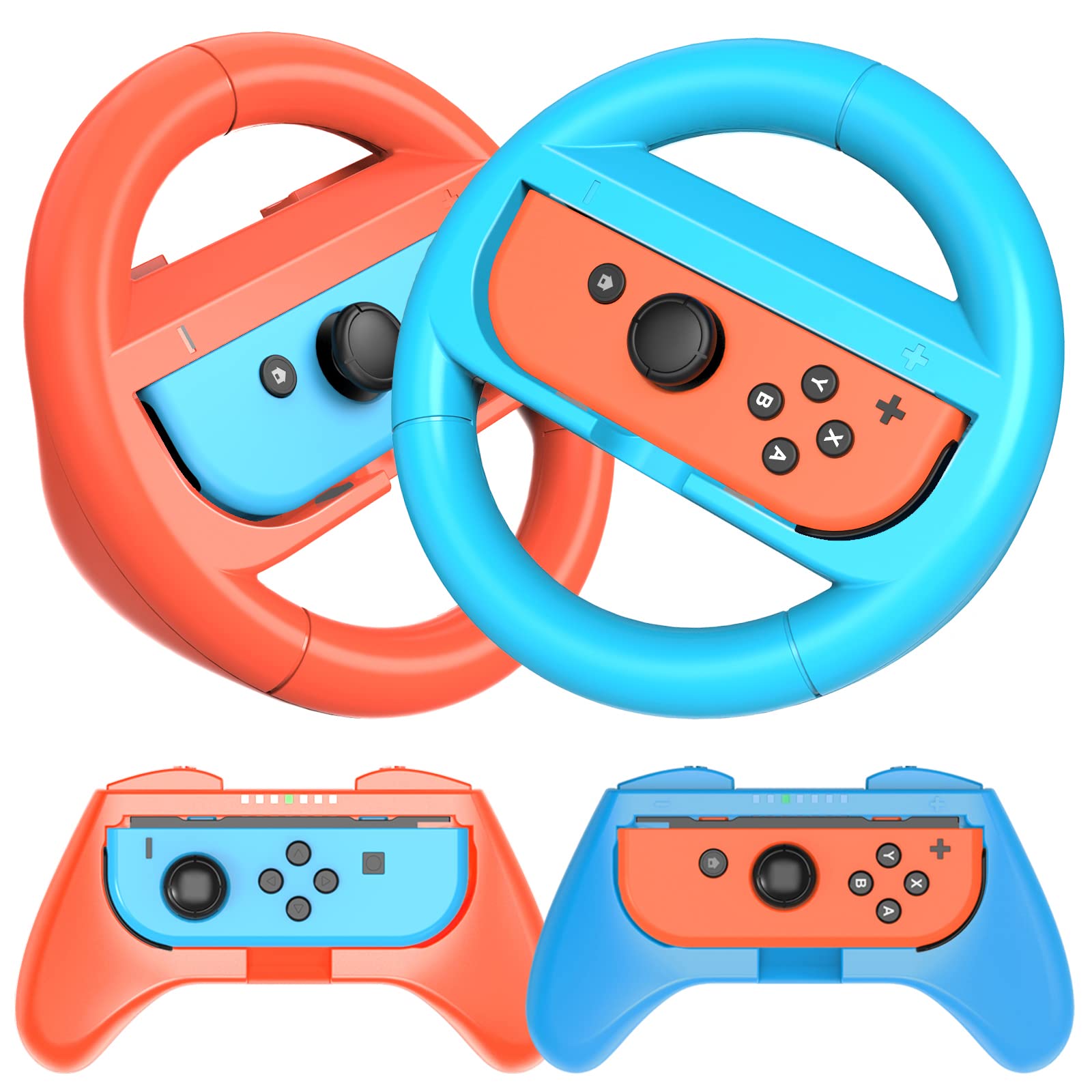 HEYSTOP Wheel Controller for Nintendo Switch & Switch OLED Model 2021 (4 Pack) Joy Con Controller Grip and Switch Steering Wheel for Mario Kart (Red&Blue)