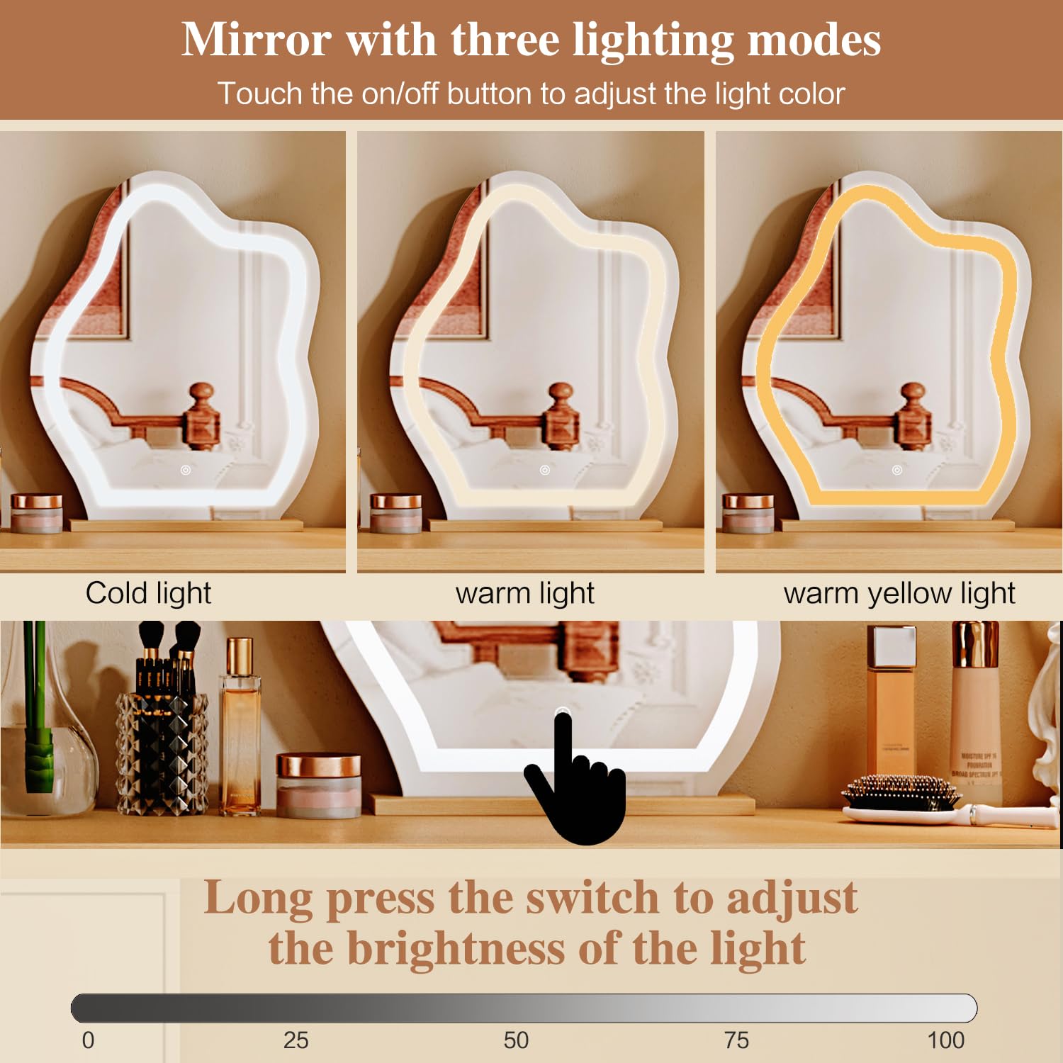 sbdmirau Vanity Desk with Mirror and with 3 Color Lighting Modes Adjustable Brightness, 6 Drawers Makeup Table for Bedroom Studio, 3-Sections Silent Slides Gift for Girls and Women, Grey