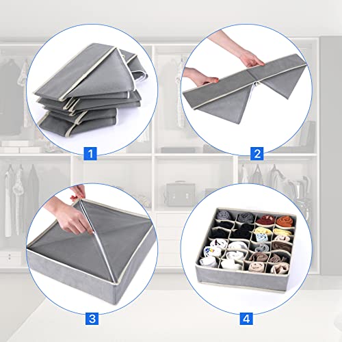 CozyCat Underwear Drawer Organizer Dividers for Bra and Socks 4-pack, Foldable Underware Drawer Organizers, Clothing Storage Boxes, Suit for Lingerie, Bras, Socks, Ties. (6+7+8+24 cell), Gery