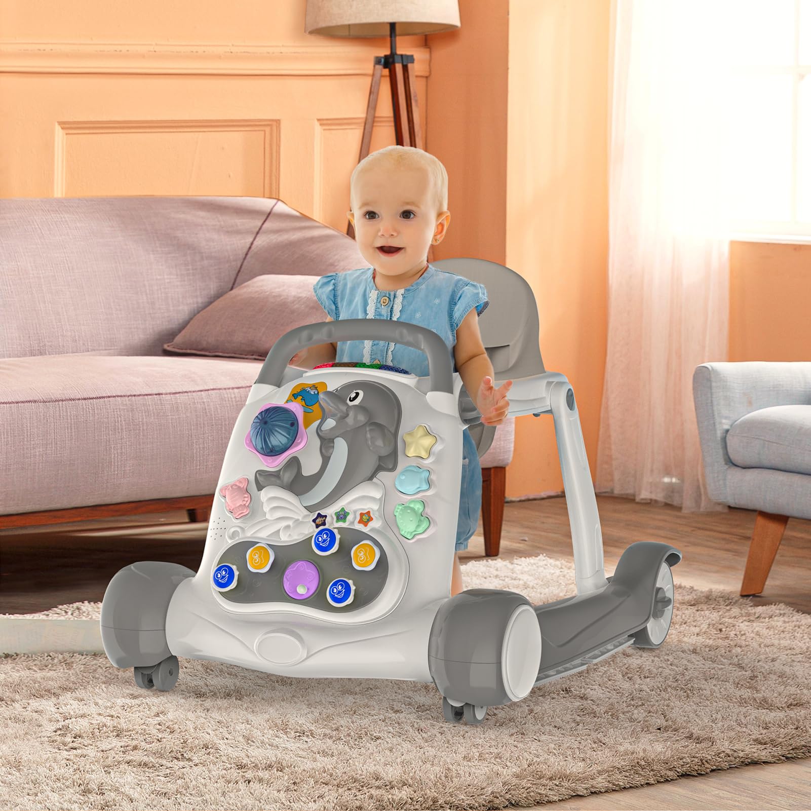 Baby Walker with Wheels, 2-in-1 Activity Walker Learning-Seated, Walk-Behind, Rich music game panel, Adjustable Height & Speed, Foldable Baby Walker for Boys and Girls from 6-18 Months with Footrest