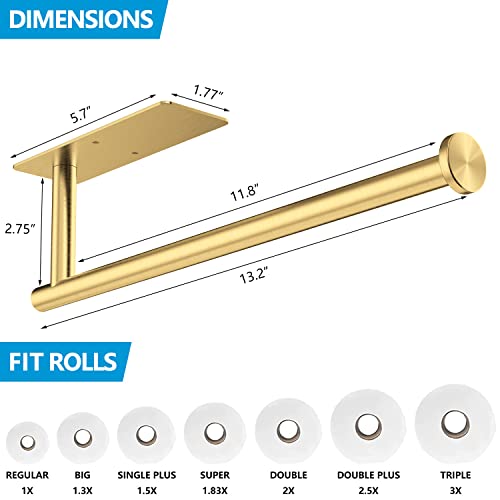 Gewtur Gold Paper Towel Holder Under Cabinet, Self Adhesive Paper Towel Roll Holder Stick on Wall, Stainless Steel Towel Paper Holder for Kitchen Bathroom