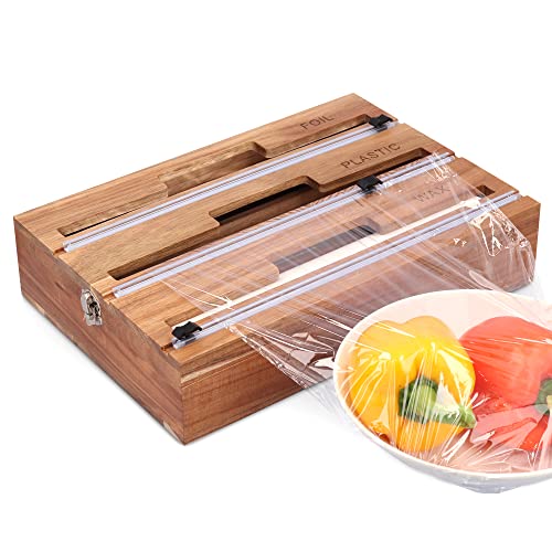 Foil and Plastic Wrap Organizer Acacia Wood 3 in 1 wrap Dispenser with Cutter Aluminum Foil Wax Paper Kitchen Drawer Organizer with Cutter