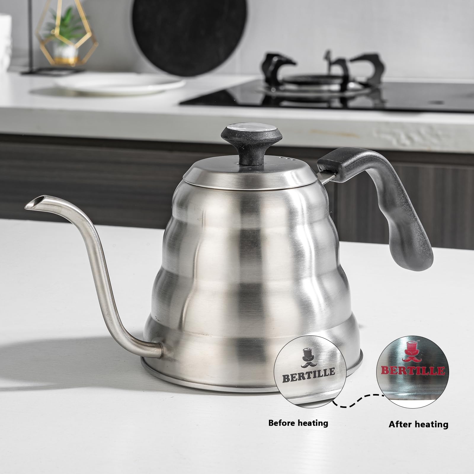 BERTILLE Gooseneck Coffee Kettle Tea Kettle with Thermometer 40 fl oz/1200 ml, premium stainless steel kettle body and ergonomic handle + 1.1 oz coffee bean storage canister(Black)