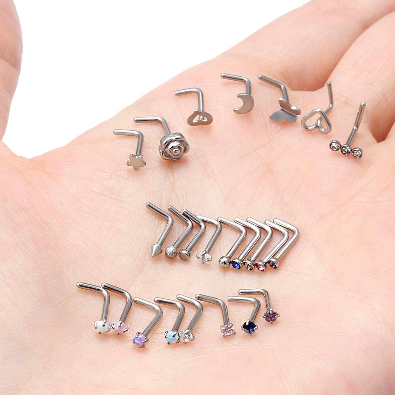 Yaalozei 18G Nose Rings Studs for Women Silver Nose Piercing Studs Surgical Stainless Steel L Shaped Opal Hypoallergenic Cute Small Nose Nostril Ring Stud Body Piercing Jewelry for Men CZ 2MM