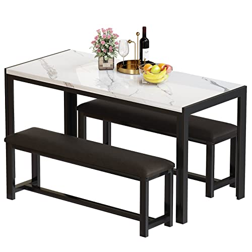 DKLGG Dining Room Table Set, Dining Table Set for 4 Faux Marble Kitchen Table with PU Leather Benches Kitchen Table Dinner Table Set for 4 Small Kitchen Table and Chairs for Small Spaces Apartment