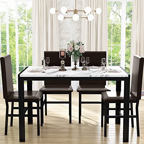 DKLGG Marble Dining Table Set for 4, 5-Piece Faux Marble Kitchen Table and Chairs for 4, Space Saving Dining Room Table Set w/4 Upholstered PU Leather Chairs, Ideal for Dining Room, Kitchen, Corner