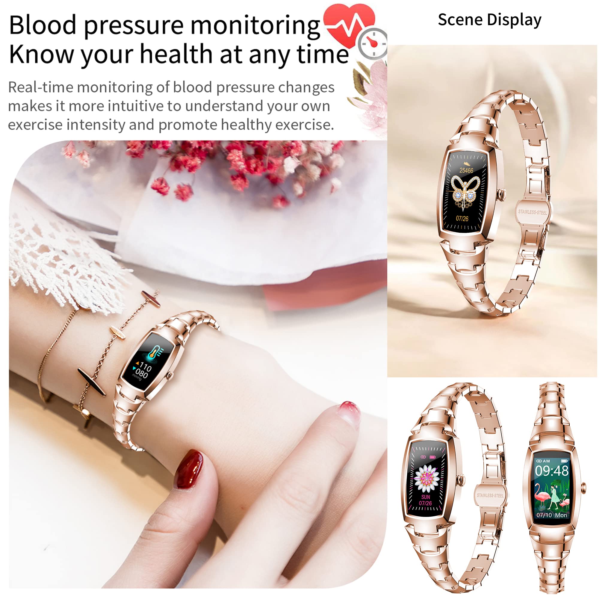 GMYOOD Smart Watch for Women, 2022 Smart Watch for Android Phones & iPhone Compatible, IP67 Waterproof Stainless Steel Activity Tracker with Blood Pressure Heart Rate SpO2 Sleep Tracker (Gold)