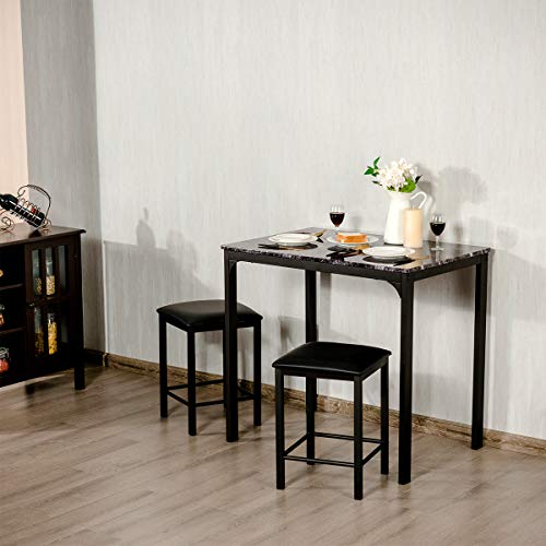 Giantex 3 Pcs Dining Table and Chairs Set with Faux Marble Tabletop 2 Chairs Contemporary Dining Table Set for Home or Hotel Dining Room, Kitchen or Bar (Black)