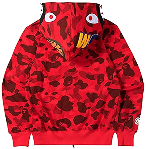 EUDOLAH Shark Hoodie Camo Print Sweater Casual Loose Jacket for Men Women Zip Up 000 Red-a,XX-Large
